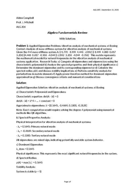 Alg 206 Algebra Fundamentals Review Eigenvalue Problems And Solutions