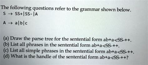 Solved The Following Questions Refer To The Grammar Shown Below S Ss 1ss 1a A A B C A Draw