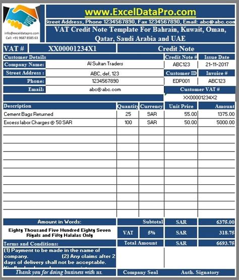 Download Vat Credit Note Template For Bahrain Kuwait Oman Qatar