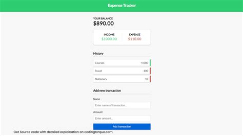 Expense Tracker Using Html Css And Javascript Source Code Coding Torque Coding Torque