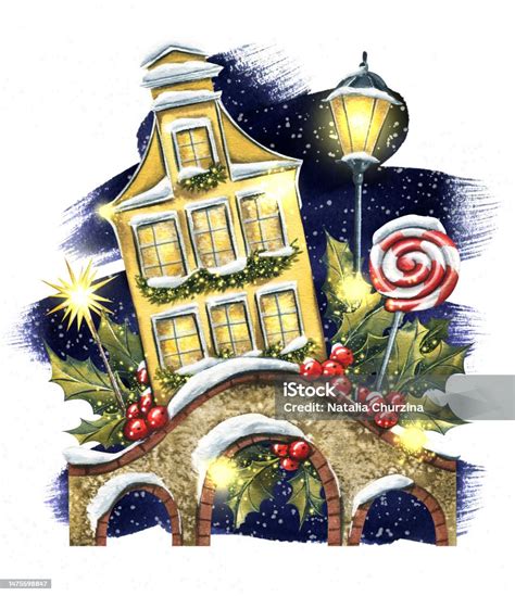 어두운 밤하늘과 강설량을 배경으로 돌다리 등불 홀리 크리스마스 사탕이 있는 노란색 유럽 집 수채화 그림입니다 포스터 엽서 스티커