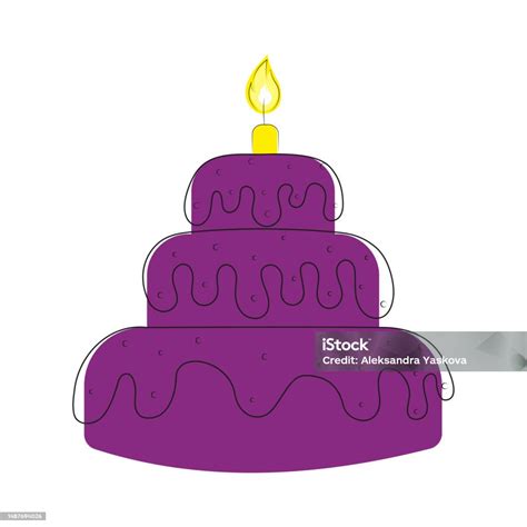 불타는 촛불을 곁들인 생일 축하 보라색 케이크 손으로 그린 빵집 벡터 일러스트 만화 스타일 클립 아트 요소 금 금속에 대한 스톡 벡터 아트 및 기타 이미지 Istock