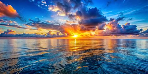 극적인 구름과 잔잔한 바다 위의 멋진 황금빛 일몰 황금빛 일몰 바다 물 위의 일출 푸른 바다의 일몰 배경 일러스트 및 사진