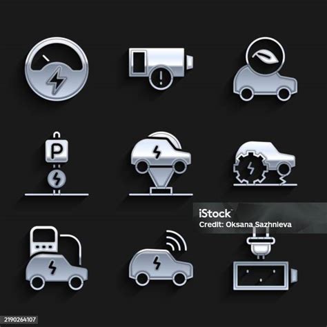 전기 자동차 스마트 시스템 배터리 충전 서비스 주차 전기 충전 에코 및 전압계 아이콘을 설정합니다 벡터 Friendly Match에 대한 스톡 벡터 아트 및 기타 이미지
