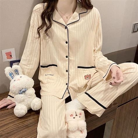 Pajamas Women Korean Lapel Sleepwear Autumn Winter Pijamas Cute Clothes