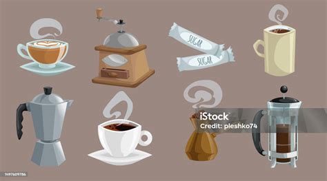 커피 개체 설정 하트 모양의 크림과 증기 분쇄기 간헐천 커피 메이커 냄비와 커피 컵 벡터 만화 스타일 플랫 일러스트레이션 갈색에 대한 스톡 벡터 아트 및 기타 이미지
