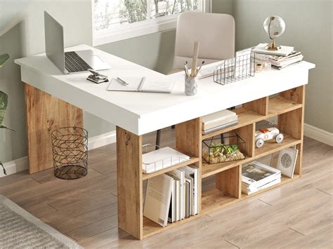 Bureau Dangle Avec Rangements Coloris Blanc Et Naturel Lileul