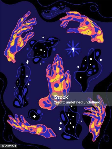 리니어 스타일의 여성 핸드 로고 세트 다양한 제스처의 벡터 디자인 템플릿 또는 엠블럼 패션 스킨 케어 핸드 그린 Stylecosmic 공간과 Starslips Fingers