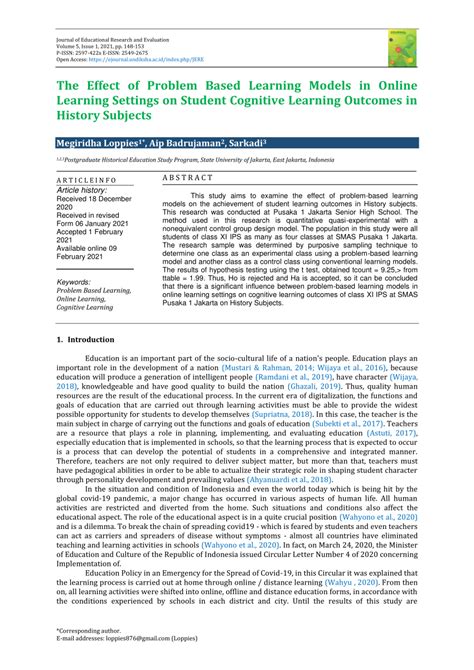 pdf the effect of problem based learning models in online learning