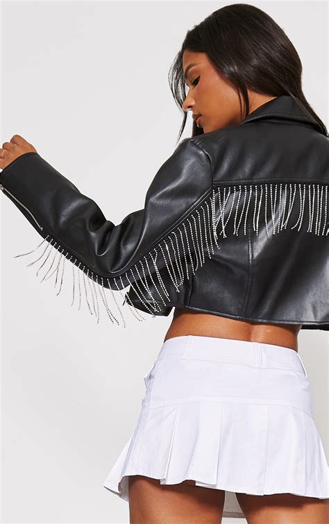 Black Diamanté Tassel Pu Cropped Biker Jacket Outerwear Plt