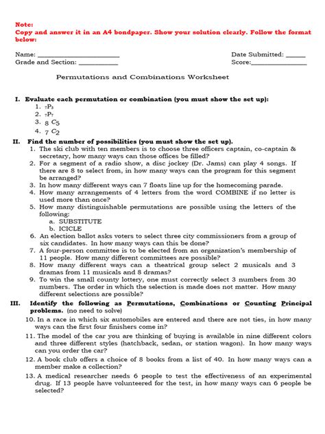 Permutation And Combination Worksheet Pdf