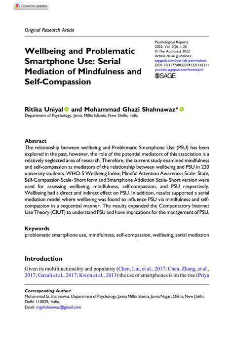 Pdf Wellbeing And Problematic Smartphone Use Serial Mediation Of Mindfulness And Self Compassion