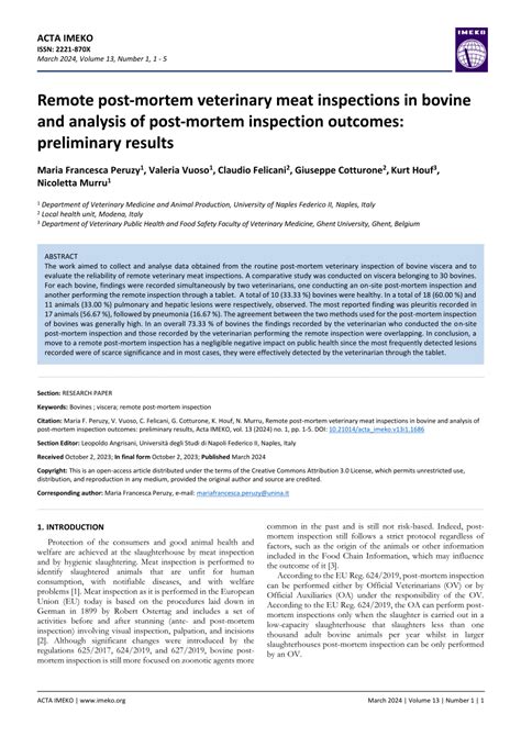 Pdf Remote Post Mortem Veterinary Meat Inspections In Bovine And Analysis Of Post Mortem