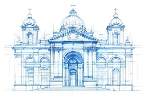 Detailed Architectural Blueprint Of A Classical Cathedral Facade With