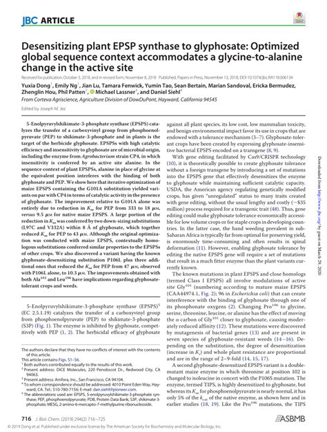 Pdf Desensitizing Plant Epsp Synthase To Glyphosate Optimized Global