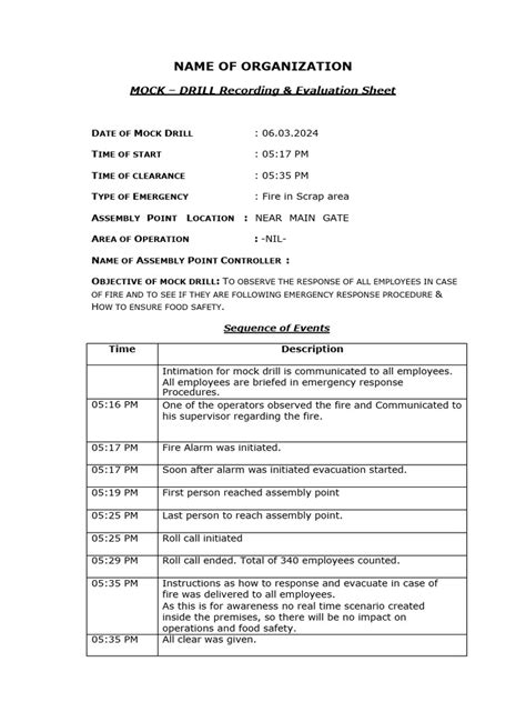 Sample Mock Drill Report Pdf Emergency Safety
