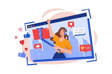 세련된 소녀 셀카 스틱에 스마트 폰을 들고 흰색 배경에 블로그 일러스트 개념에 대한 비디오를 촬영 영화에 대한 스톡 벡터 아트 및 기타 이미지 Istock