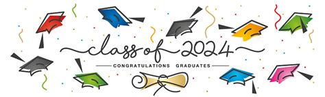 2024년 클래스 손으로 쓴 타이포그래피 레터링 텍스트입니다 졸업장 화려한 색종이 조각과 비행 졸업생 모자가 있는 손으로 그린 디자인 졸업생 축하합니다 흰색 배경의 황금색과