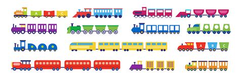 흰색 배경에 장난감 기차의 세트 플랫 스타일의 아이들을위한 벡터 만화 열차 기관차에 대한 스톡 벡터 아트 및 기타 이미지
