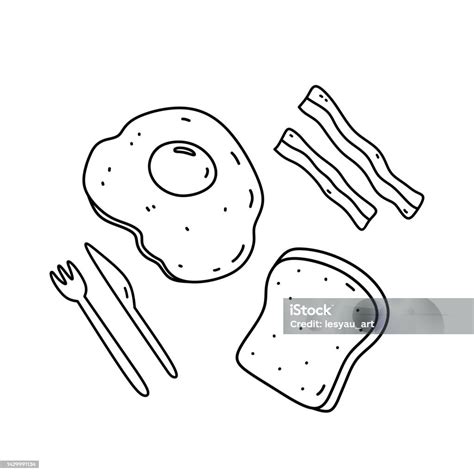 흰색 배경에 분리 된 토스트와 베이컨으로 튀긴 계란 아침 식사 음식 낙서 스타일의 벡터 손으로 그린 일러스트레이션 조리법 장식 로고 메뉴 다양한 디자인에 적합합니다 고기에