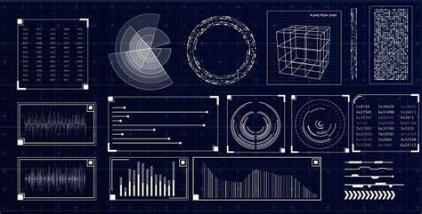 Hud 미래 인터페이스 인포그래픽 요소가 있는 하이테크 디스플레이 차트 다이어그램 라인 그래픽 및 데이터와 대시 보드 가상현실에