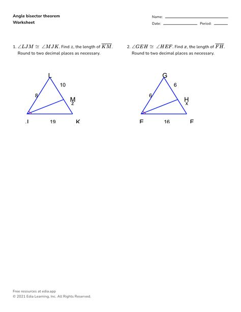 Using The Angle Bisector Theorem Geometry Worksheets Library