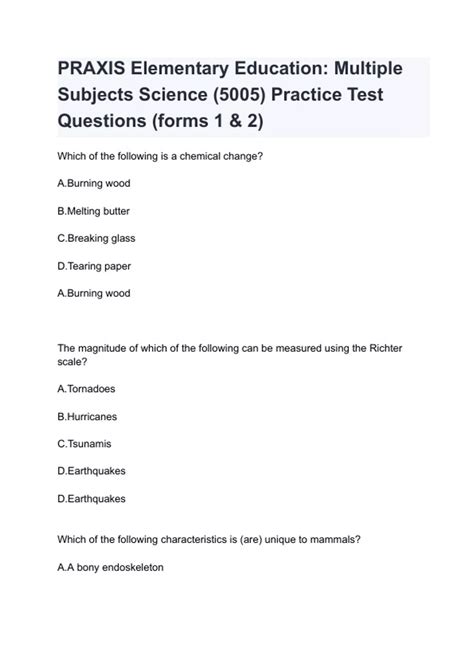 Praxis Elementary Education Multiple Subjects Science 5005 Practice