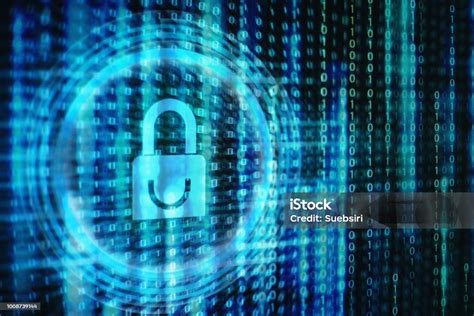 Padlock Icon On Led Computer Display Screen With Binary Code Moving In The Background Password