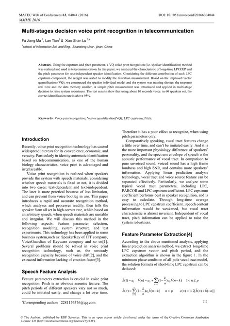 PDF Multi Stages Decision Voice Print Recognition In Telecommunication