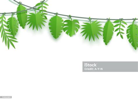 여름 열 대 잎 화 환 종이 컷 스타일 공예 정글 식물 컬렉션 흰색 바탕에 밧줄에 매달려 크리에이 티브 벡터 카드 일러스트 레이