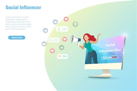 소셜 미디어 인플루언서 매력 인수 및 유지 전략 사람들이 좋아하는 같은 댓글과 가입 추종자를 유치 컴퓨터에 메가 폰을 들고 여자