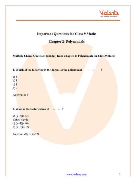 Class 9 Maths Chapter 2 Polynomials Important Questions For Cbse Exams Pdf Factorization