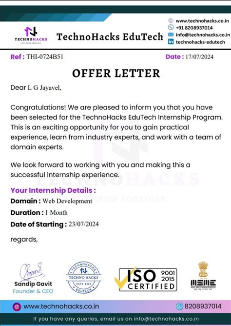 Lg Jayavel On Linkedin Webdevelopment Internship Technohacksedutech Careerdevelopment