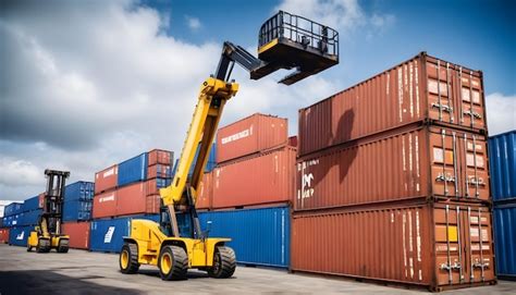 Premium Photo A Reach Stacker Lifting And Stacking Shipping Containers At A Container Terminal