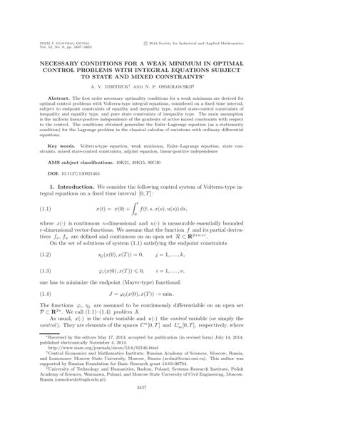 Pdf Necessary Conditions For A Weak Minimum In Optimal Control Problems With Integral