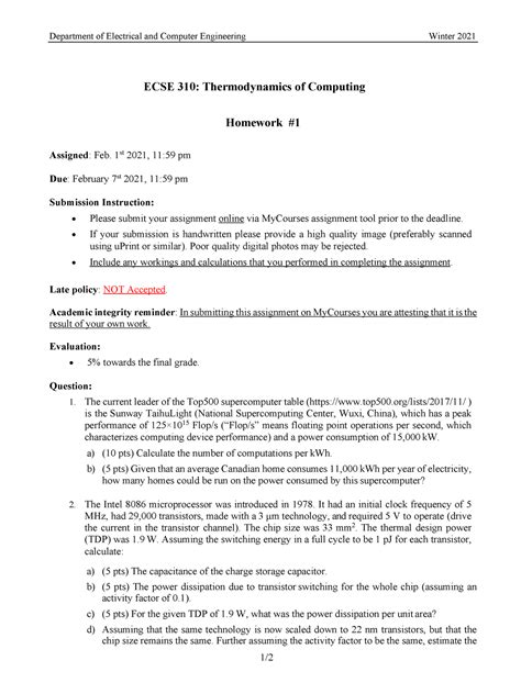 ECSE310 HW1 Final Homework 1 Department Of Electrical And Computer