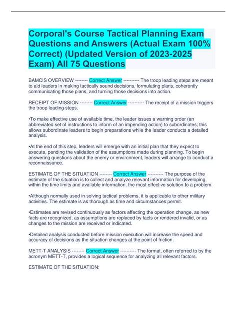 Corporals Course Tactical Planning Exam Questions And Answers Actual Exam 100 Correct