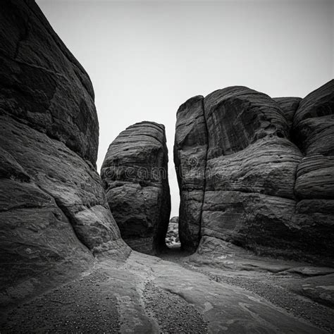 Massive Rock Formations Create A Narrow Passageway Captured In Black