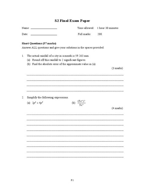 Form 2 Maths Mock Exam Pdf Area Geometry