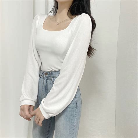 더멋 속옷비침X 퍼프 스퀘어넥 골지 쫀쫀 셔링 러브 긴팔티셔츠