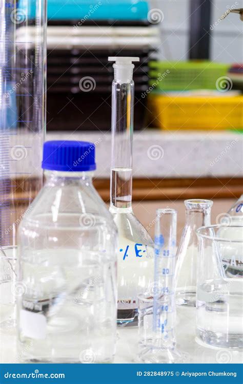 Laboratory Glassware With Green Liquid In A Science Research Laboratory Stock Image Image Of