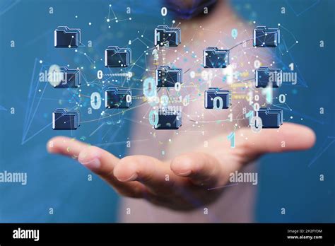 3d Rendering Of Digital Folders With Binary Codes Floating On Hand Online Data Storage Concept