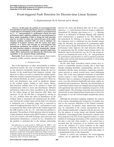 Pdf Event Triggered Fault Detection For Discrete Time Linear Systems