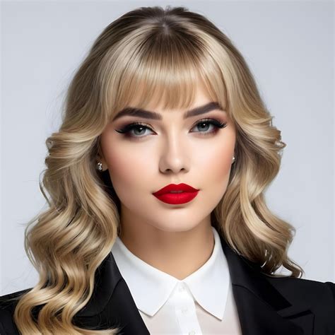 Woman With Blonde Hair And A Red Lipstick On Her Face Premium Ai