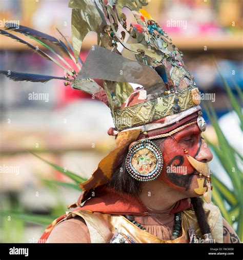 Peruvian Indigenous Man Dressed And Maked Up Like A Chimu Peru Stock