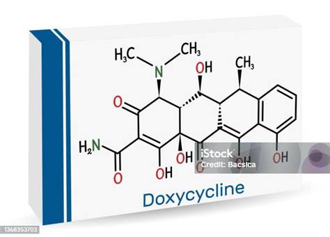 독시사이클린 분자 그것은 세균성 감염의 다양한 취급하기 위하여 이용된 광범위한 테트라사이클린 항생제입니다 골격 화학 포뮬러 의약품용 용지 포장 0명에 대한 스톡 벡터 아트