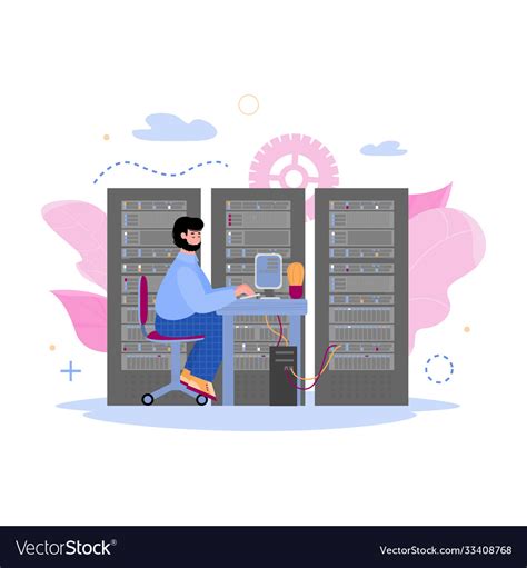 Data Center With Worker In Server Cartoon Vector Image