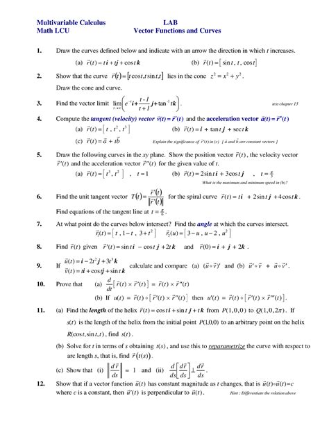 Lcu Lab 5 Curves V2 Material Multivariable Calculus Lab Math Lcu