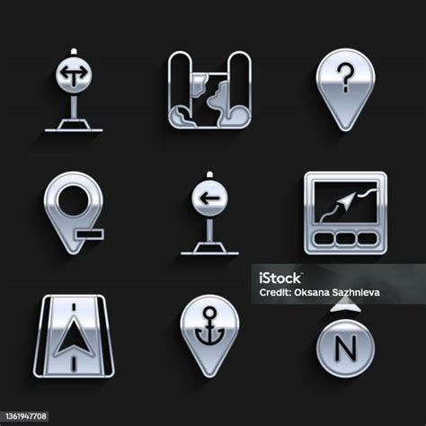 설정 트래픽 기호 왼쪽 앵커 나침반 Gps 장치지도 도시 탐색 알 수없는 경로 지점 및 도로 아이콘을 포크 위치 벡터 간판에 대한 스톡 벡터 아트 및 기타 이미지 Istock