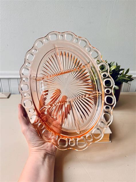 Vintage 1960s Pink Depression Glass Open Laced Divided Tray Plate Mcm
